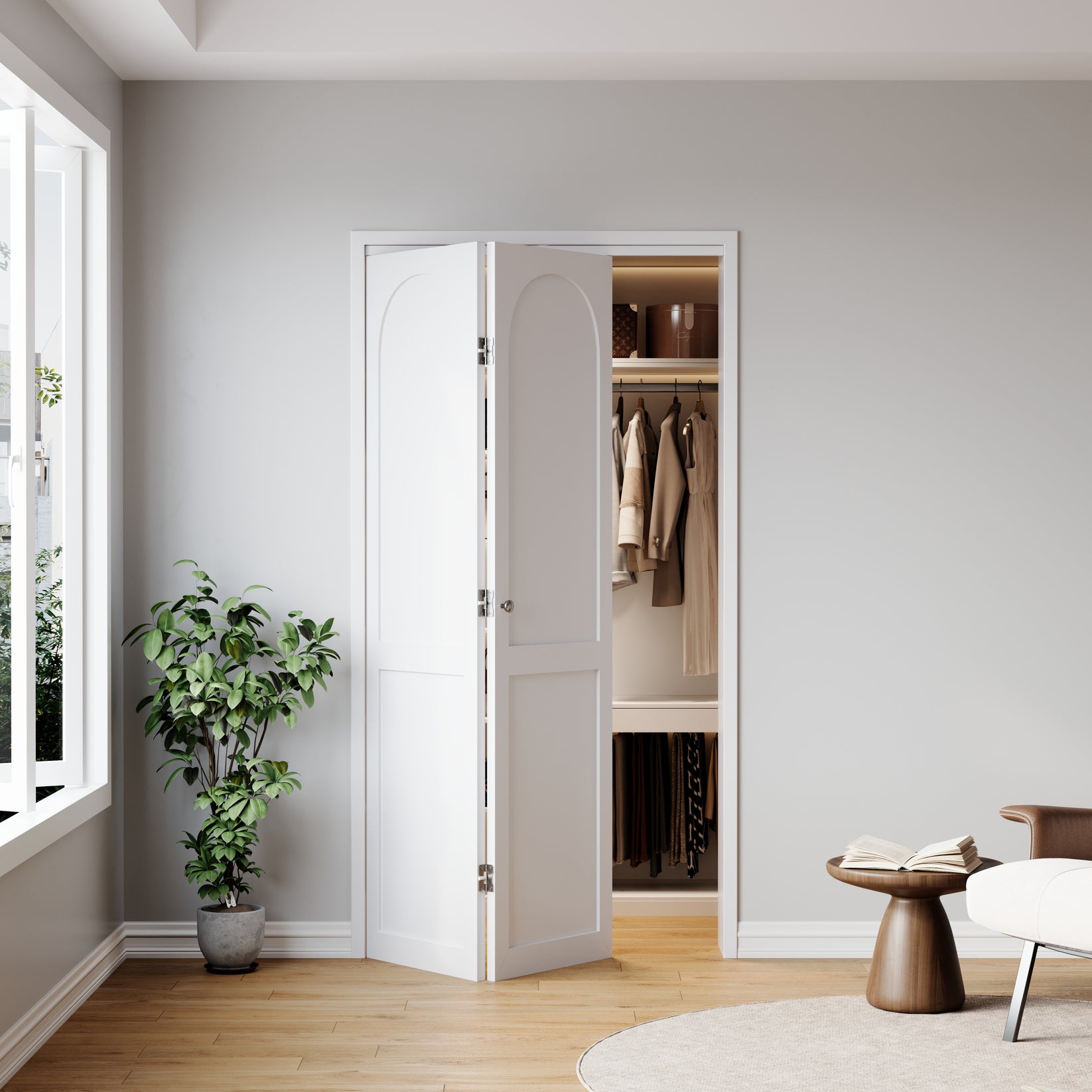 White Primed 78" Solid Core Shaker Bi-Fold Door With Installation Hard ...